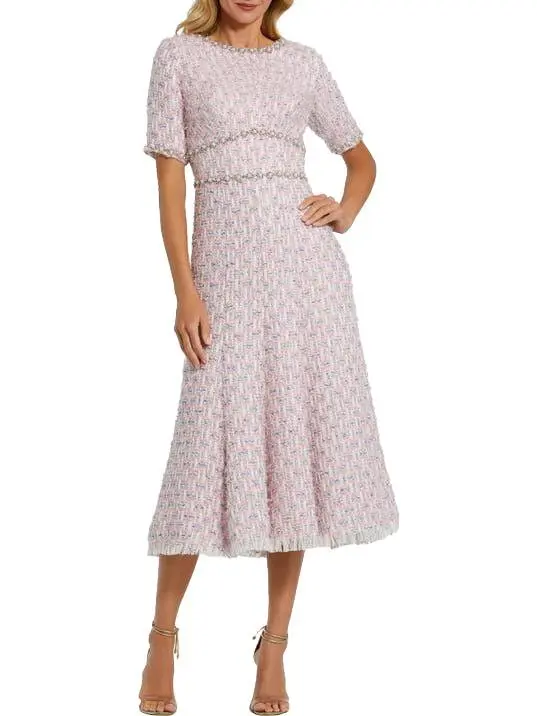 Mac Duggal Beaded Trim Boucle A-line Midi Dress - Pink Multi