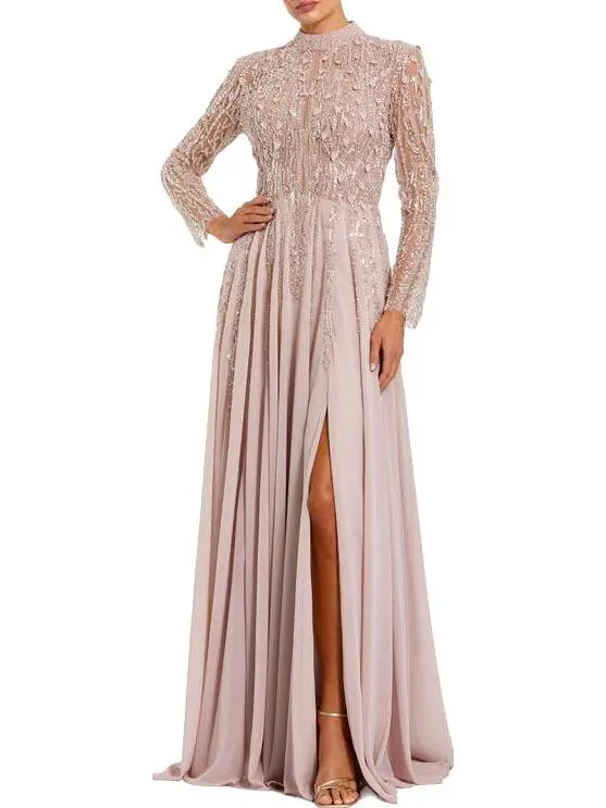 Mac Duggal Long Sleeve High Neck Embellished Satin Gown - Dusty Rose