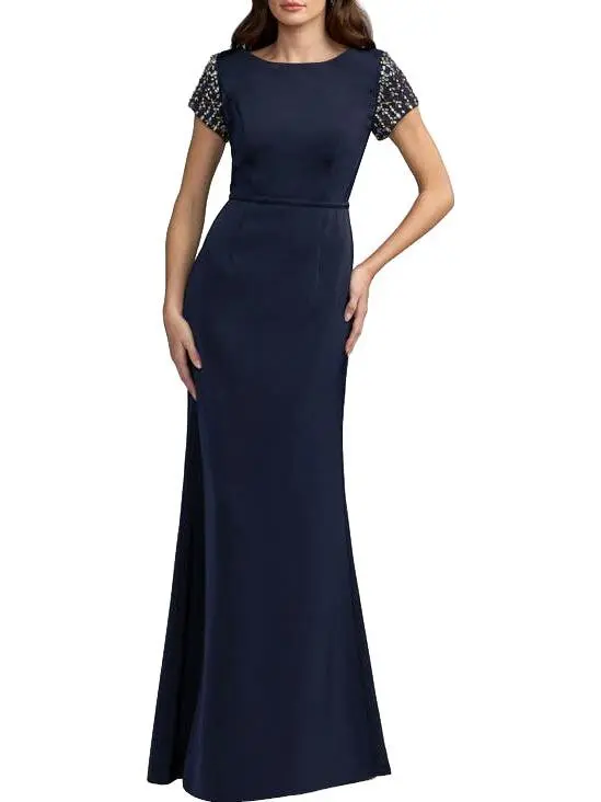 Mac Duggal Beaded Cap-sleeve Column Gown - Midnight