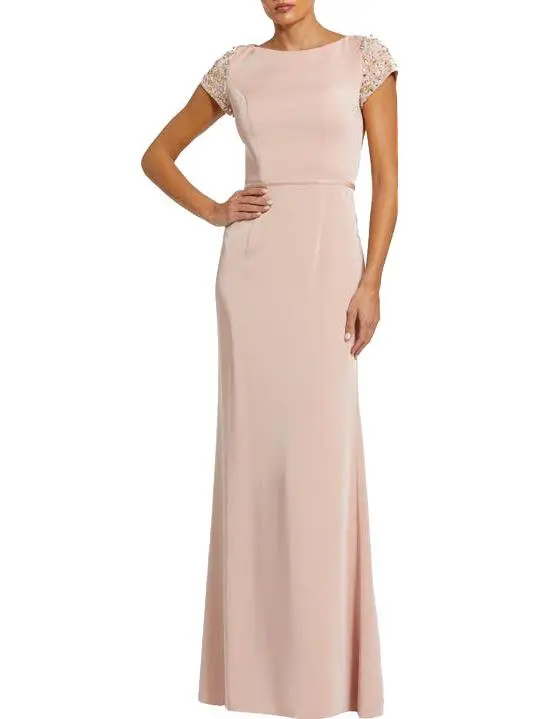 Mac Duggal Beaded Cap-sleeve Column Gown - Rose