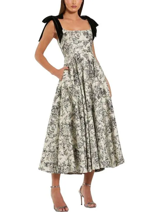 Mac Duggal Floral Brocade A-line Midi Dress With Bow Straps - Black Multi