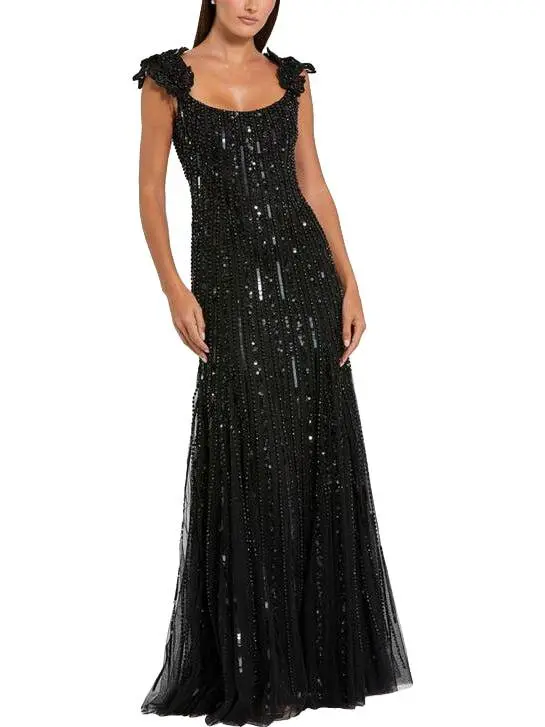 Mac Duggal Sleeveless Mesh Gown With Floral Shoulder Detail - Black