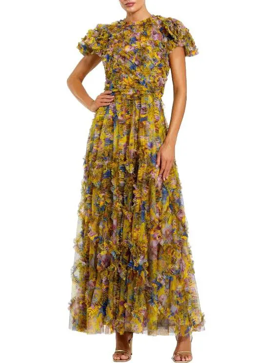 Mac Duggal Micro Ruffle Floral Maxi Gown - Yellow Multi
