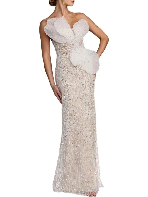 Mac Duggal Sequin Organza Strapless Column Gown With Bow Detail - Ivory Nude