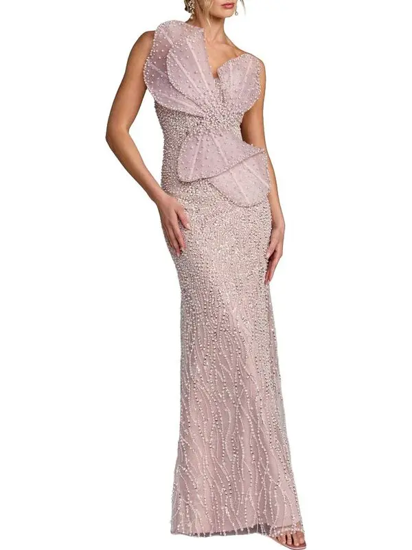 Mac Duggal Sequin Organza Strapless Column Gown With Bow Detail - Mocha