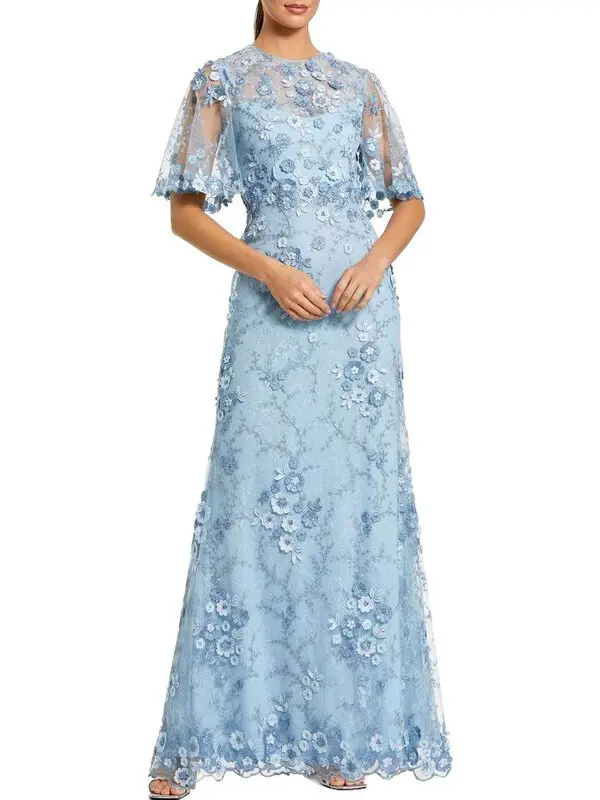 Mac Duggal Floral Embroidered Flutter Sleeve Net Gown - French Blue