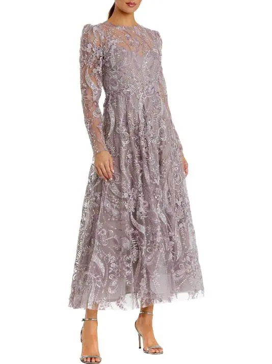 Mac Duggal Floral Embroidered High Neck Long Sleeve Gown - Mauve
