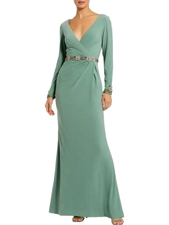 Mac Duggal Jersey V-neck Gown With Beaded Belt - Sage