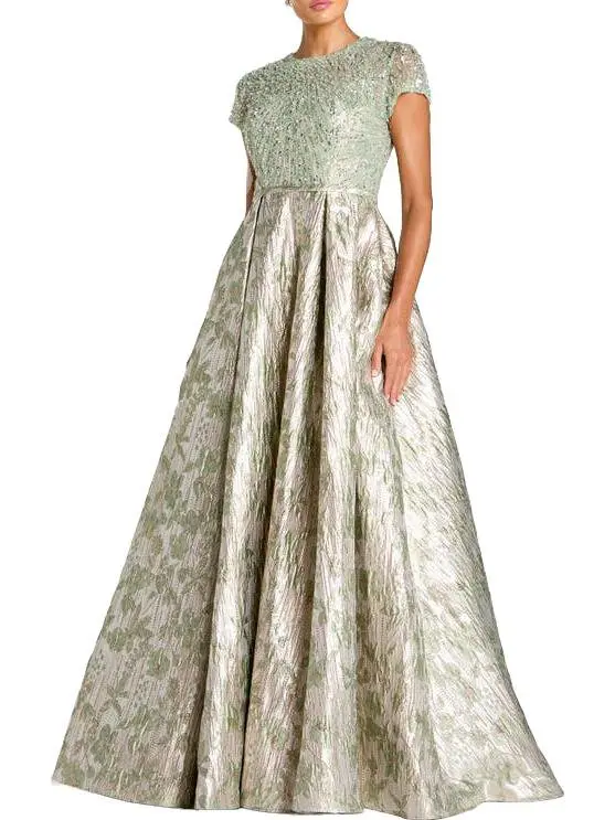 Mac Duggal Beaded Cap-sleeve Ball Gown With Metallic Brocade Skirt - Sage
