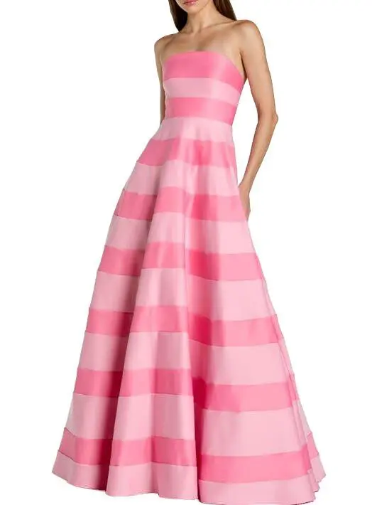 Mac Duggal Striped Strapless Satin Ballgown With Pockets - Pink Multi