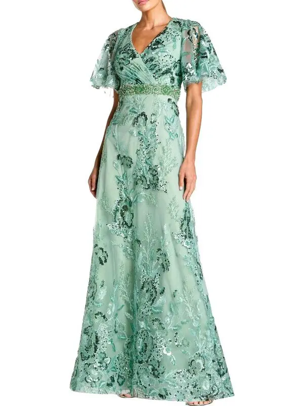 Mac Duggal Floral Embellished Faux Wrap Gown - Sage