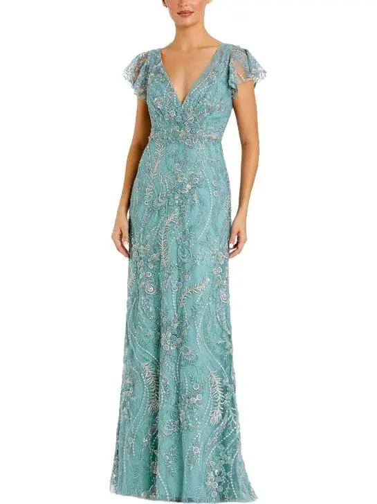 Mac Duggal V-neck Flutter Sleeve Gown With Floral Embroidery - Seafoam