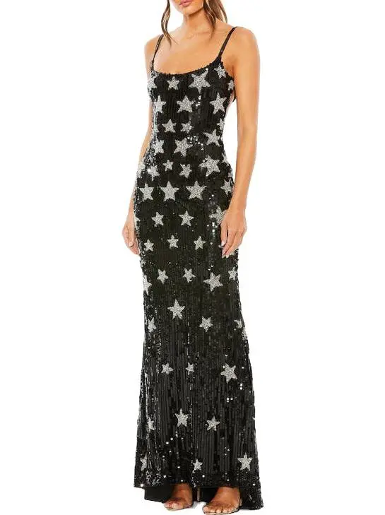 Mac Duggal Star Beaded Cross Back Gown - Black