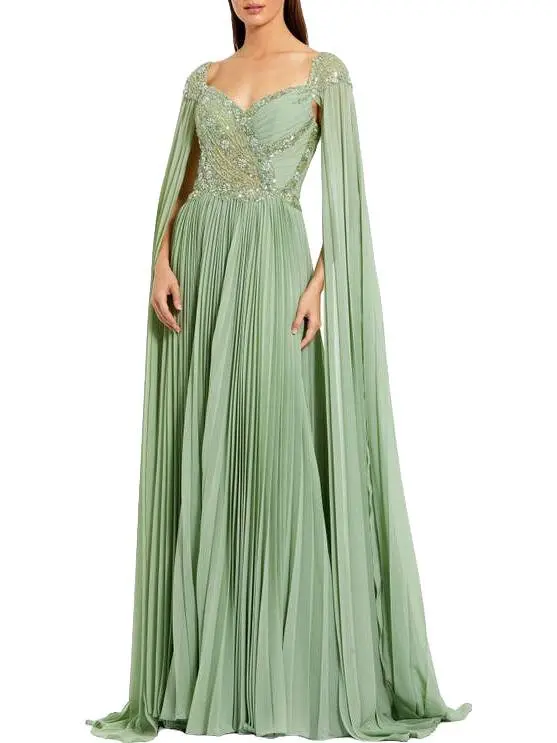 Mac Duggal Cape Sleeve Pleated Beaded Gown - Sage
