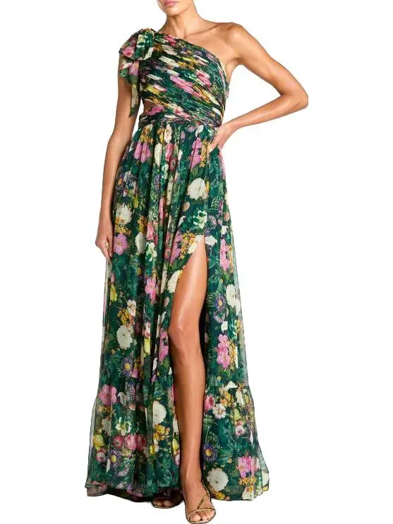 Mac Duggal Floral One-shoulder Cutout Chiffon Gown - Deep Green Multi