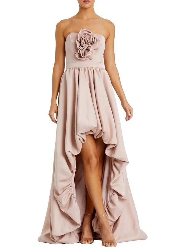 Mac Duggal Satin Strapless High-low Gown With Roses - Blush
