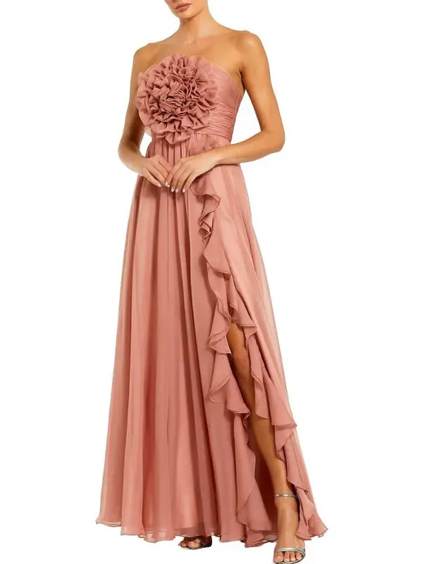 Mac Duggal Strapless Chiffon Gown With 3d Floral - Rose