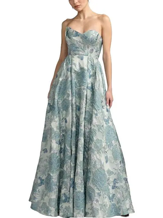Mac Duggal Floral Brocade Strapless Ballgown With Bow - Seafoam