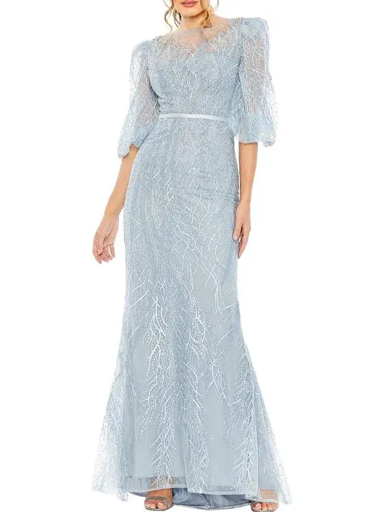 Mac Duggal Embroidered Beaded Gown With Illusion Puff Sleeves - Ice Blue