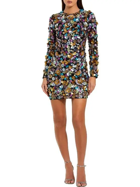 Mac Duggal Embellished Long Sleeve Mini Dress - Black Multi