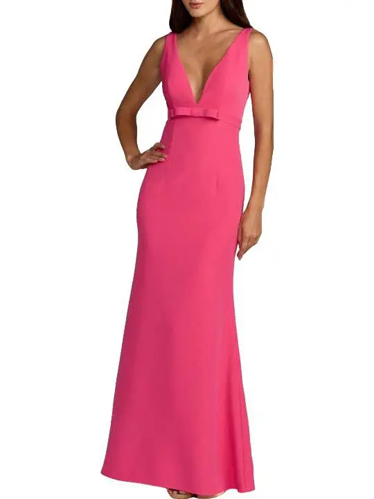 Mac Duggal Crepe Sleeveless V-neck Sheath Gown With Bow - Hot Pink
