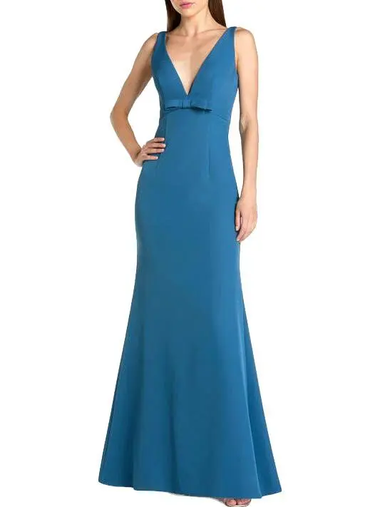 Mac Duggal Crepe Sleeveless V-neck Sheath Gown With Bow - Ocean
