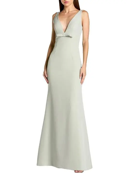 Mac Duggal Crepe Sleeveless V-neck Sheath Gown With Bow - Sage