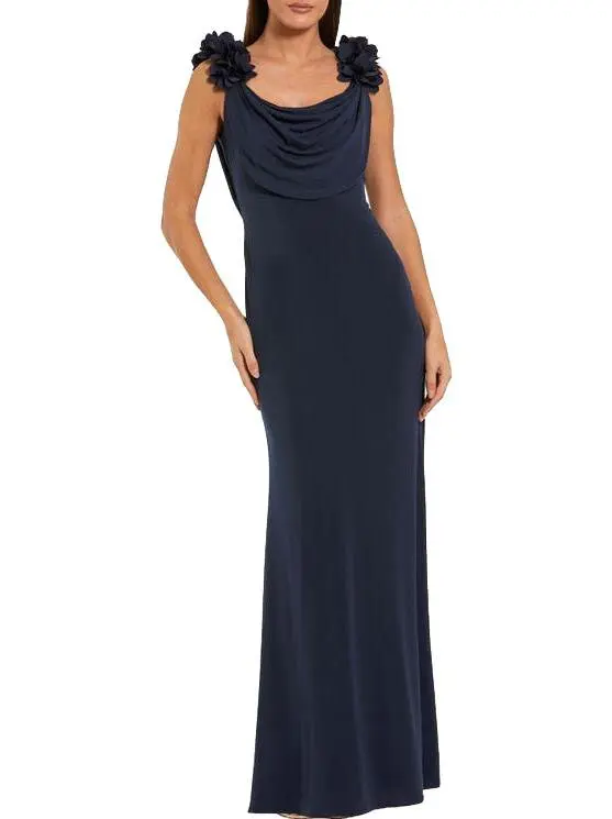Mac Duggal Jersey Cowl Neck Gown With 3d Flower Straps - Midnight