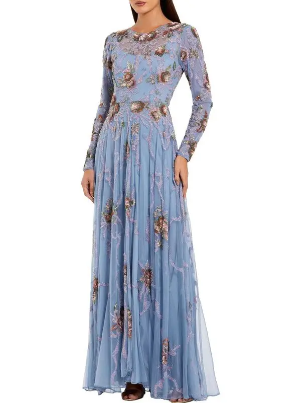 Mac Duggal Long Sleeve Embellished Floral A-line Gown - Slate Blue