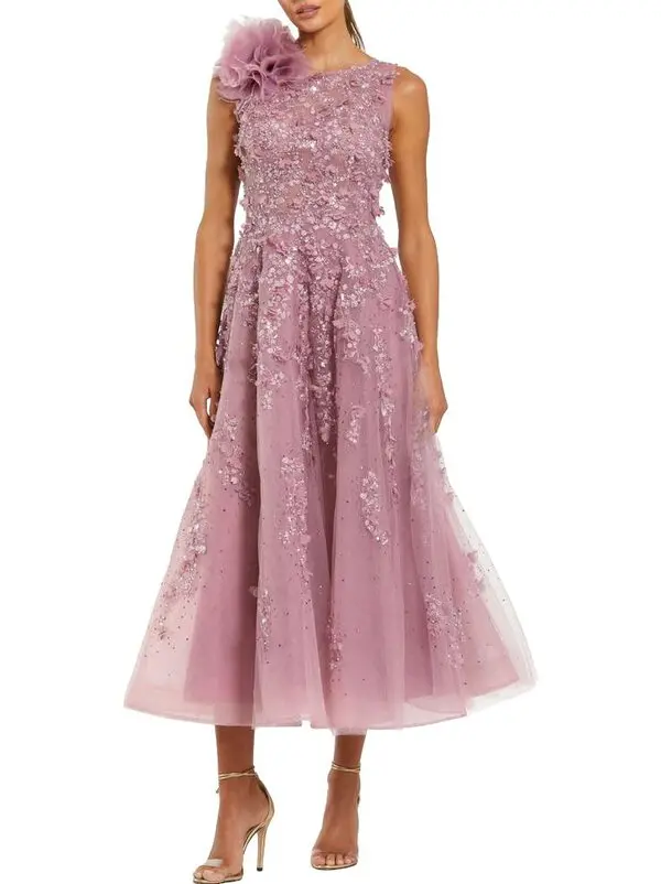 Mac Duggal Embellished Midi Dress With 3d Flower - Orchid