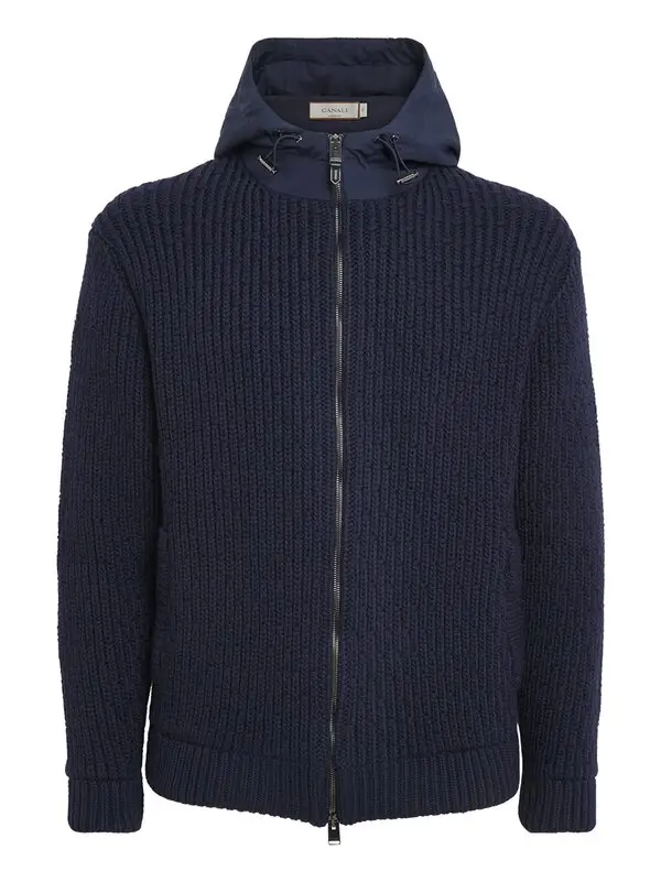 Canali Wool Cable-knit Hooded Jacket - Navy