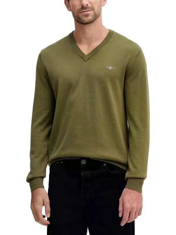 Gant V-neck Embroidered Logo Sweater - Green