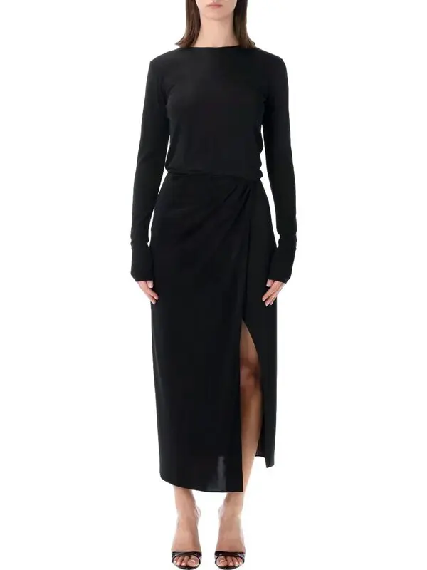 Andamane Long-sleeves Slit Midi Dress - Black