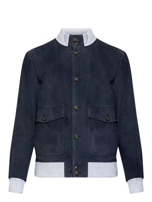 Eleventy Leather Button Jacket - Blue