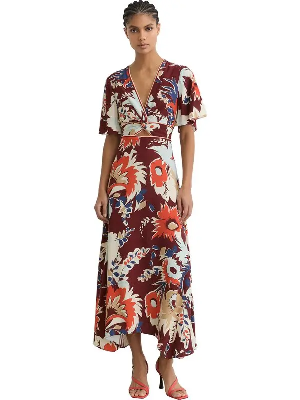 REISS Asha Floral-print Cut-out Midi Dress - Burgundy