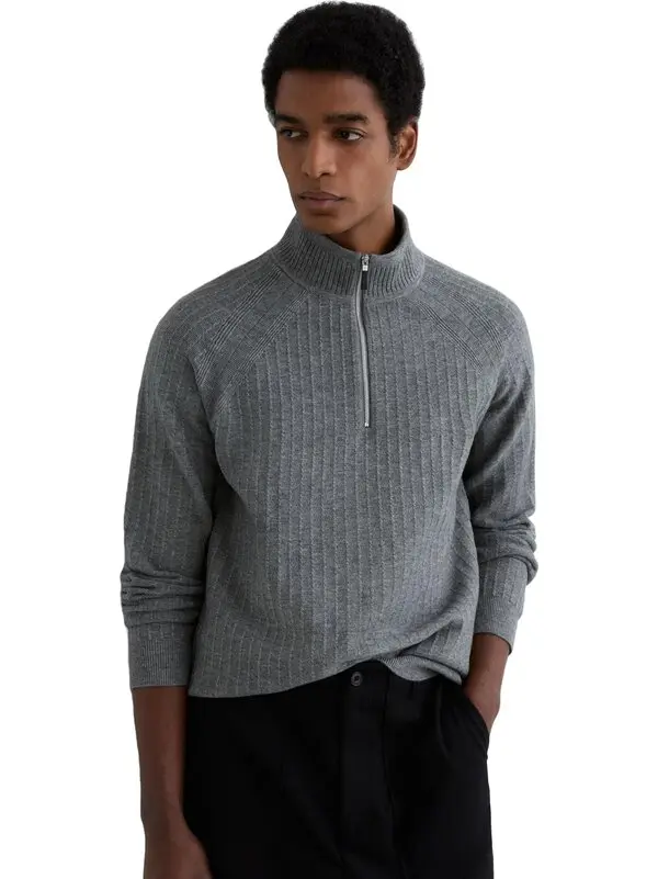 REISS Aldershot Textured-knit Half-zip Jumper With Wool - Grey Melange