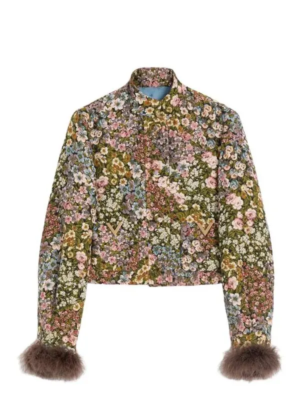 Valentino Garavani Floral Print Pea Coat With Feather Boa Cuffs - Black/multicolour