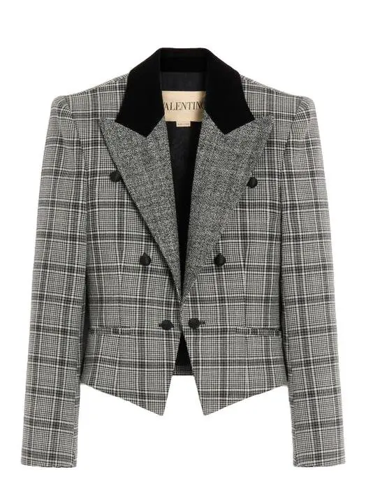 Valentino Garavani Checked Wool Jacket With Velvet Collar - Grey