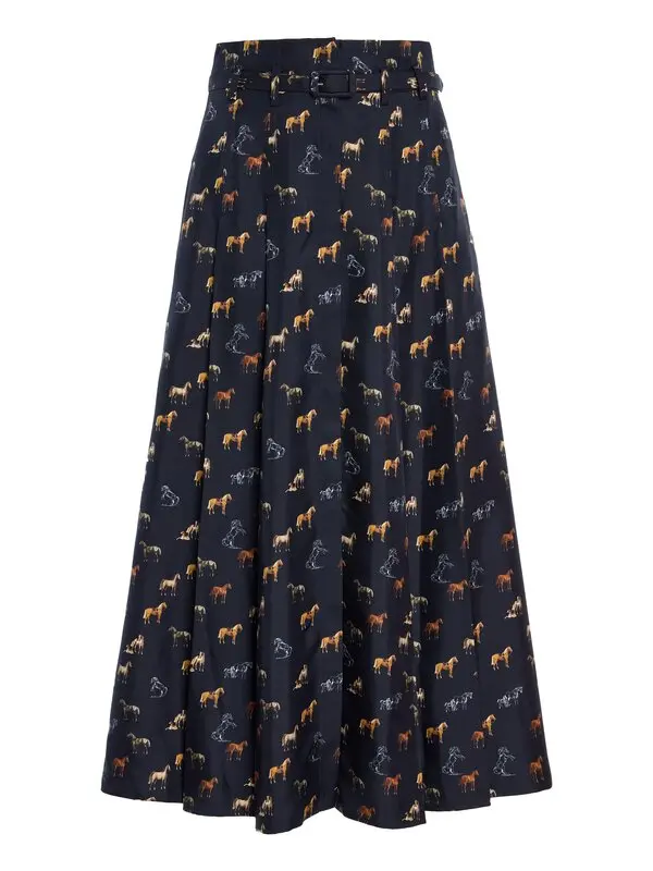 Gabriela Hearst Dugald Printed Silk Twill Pleated Midi Skirt - Dark Navy Multi