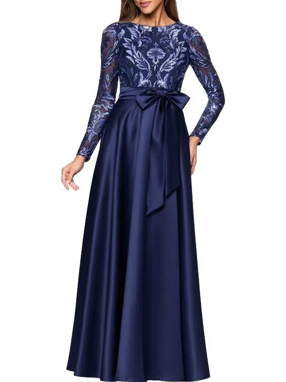 XSCAPE EVENINGS Embellished Bodice Long Sleeve Gown - Peri/navy