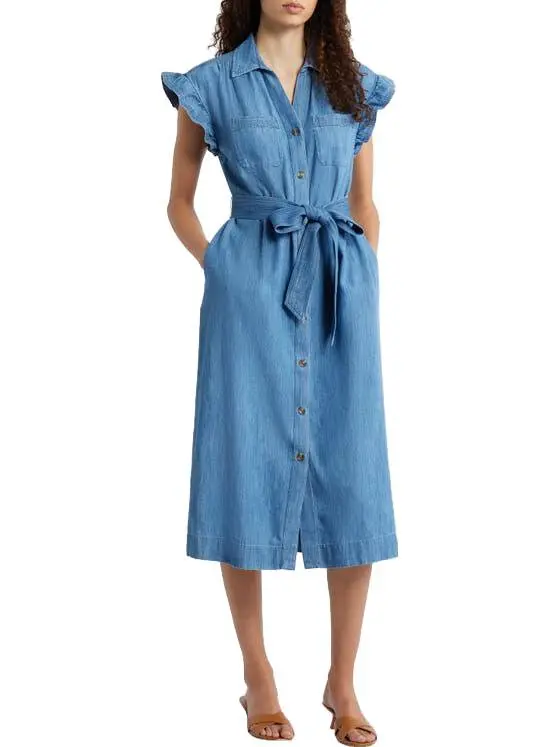 Caslon Tie Waist Denim Midi Shirt Dress - Medium Wash