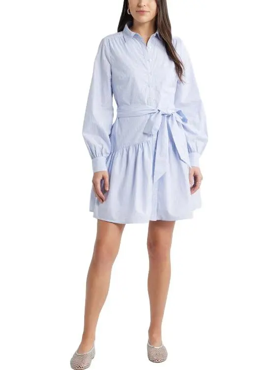 Caslon Stripe Long Sleeve Tiered Mini Shirtdress - Blue- White Silver Stripe