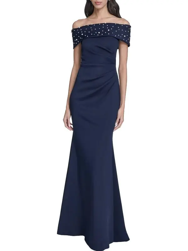 Eliza J Off-the-shoulder Ruched Gown With Imitation Pearls - Navy