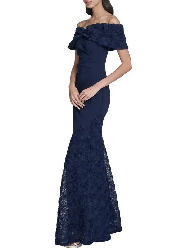 Eliza J Off-the-shoulder 3d Floral Gown - Navy