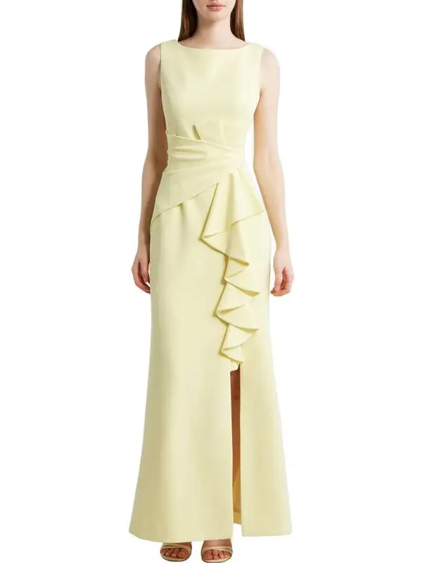 Eliza J Cascade Ruffle Sleeveless Gown - Butter