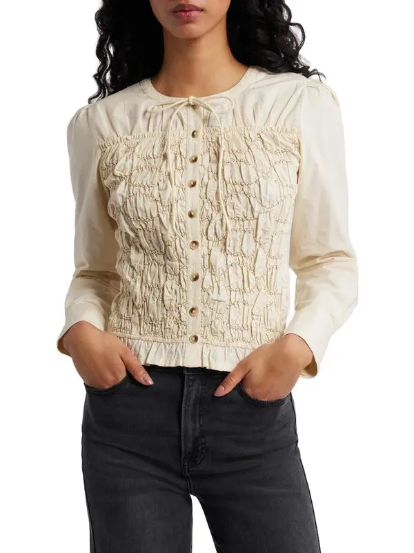 DAMSON MADDER Elliana Smocked Organic Cotton Cardigan - Butter