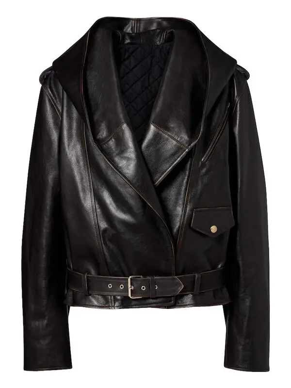 Alaïa Hooded Leather Biker Jacket - Brown