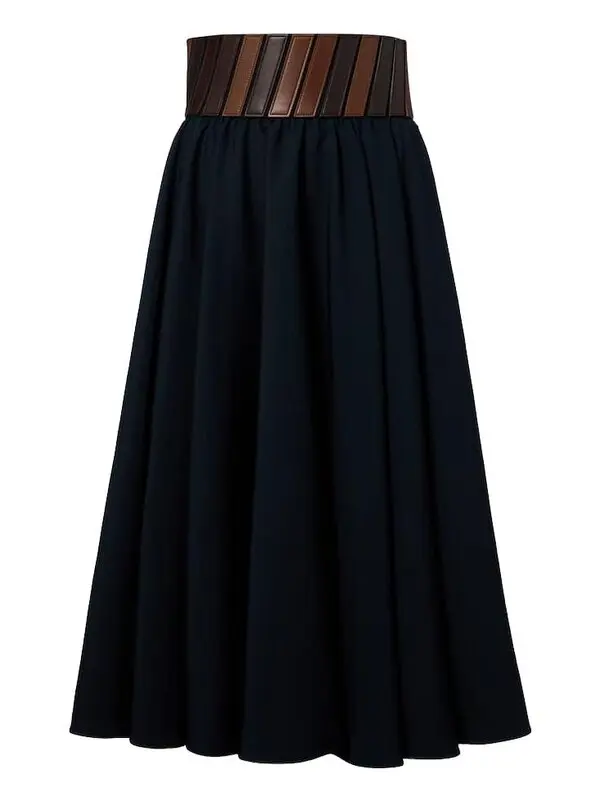 Alaïa Leather-trimmed Wool Midi Skirt - Blue