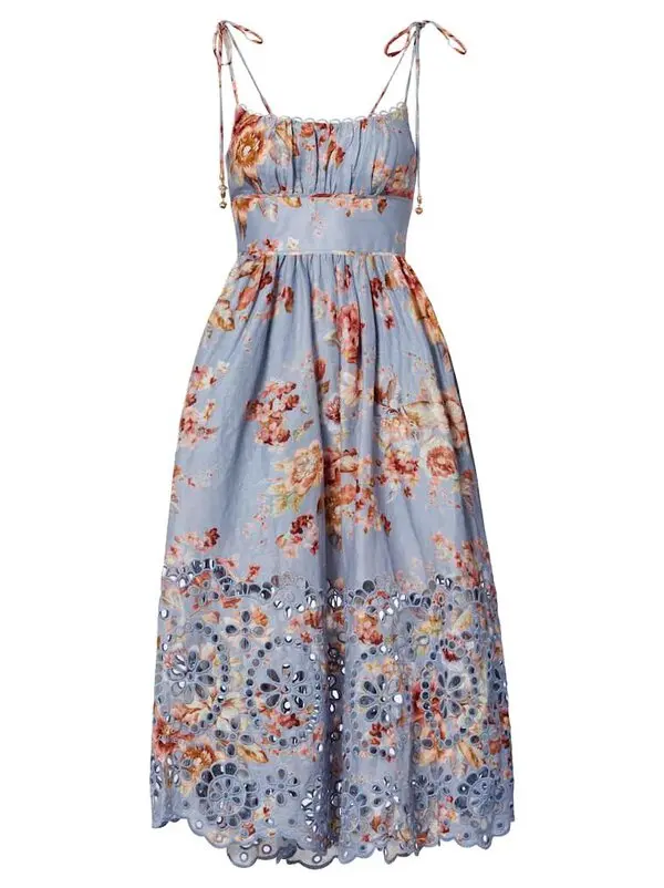 Zimmermann Awaken Floral Linen Midi Dress - Blue