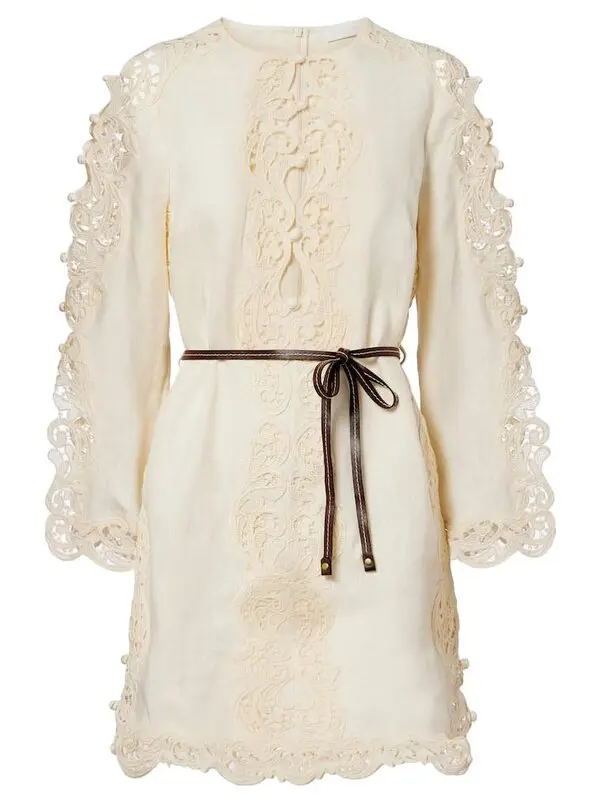 Zimmermann Awaken Belted Embroidered Linen Mini Dress - White